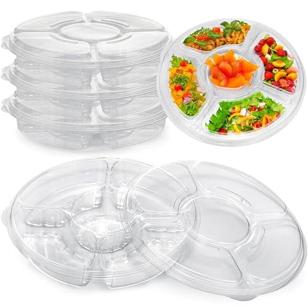 [50 Pack] 13 Inch Round Plastic Appetizer Tray with Lid - 5 Compartment ...