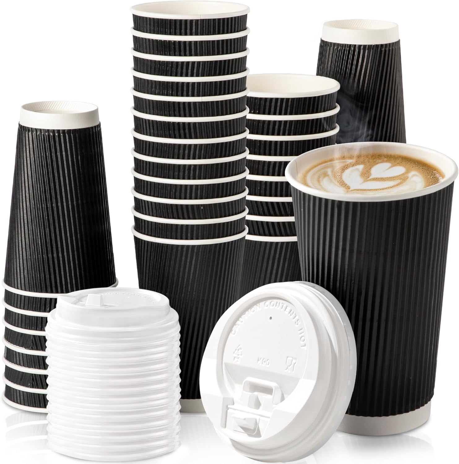 50 Pack 16 oz Black Disposable Coffee Cups with White Lids, Triple Wall ...