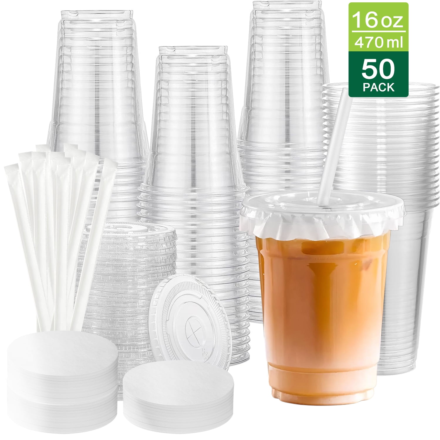 50 Pack - 16 oz Clear Plastic Cups with Lids and Straws, Sturdy & Food ...