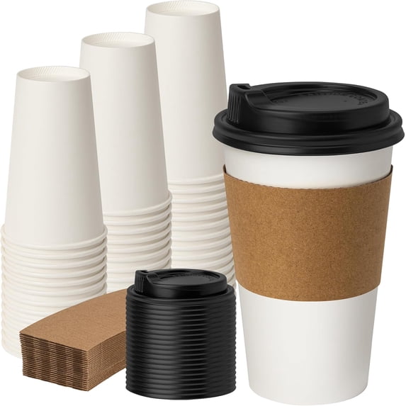 50 Pack 16 oz Disposable Coffee Cups with Lids and Sleeves, Paper ...