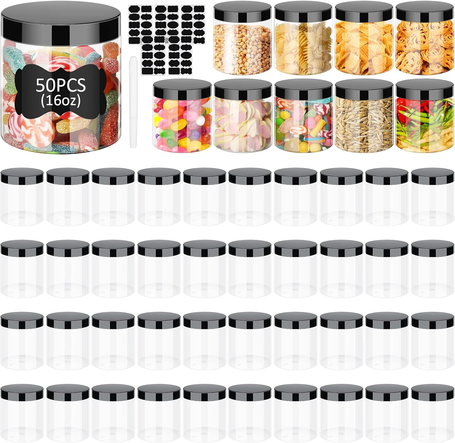 50 Pack 16 oz Plastic Jars with Lids Clear Plastic Mason Jars Airtight ...