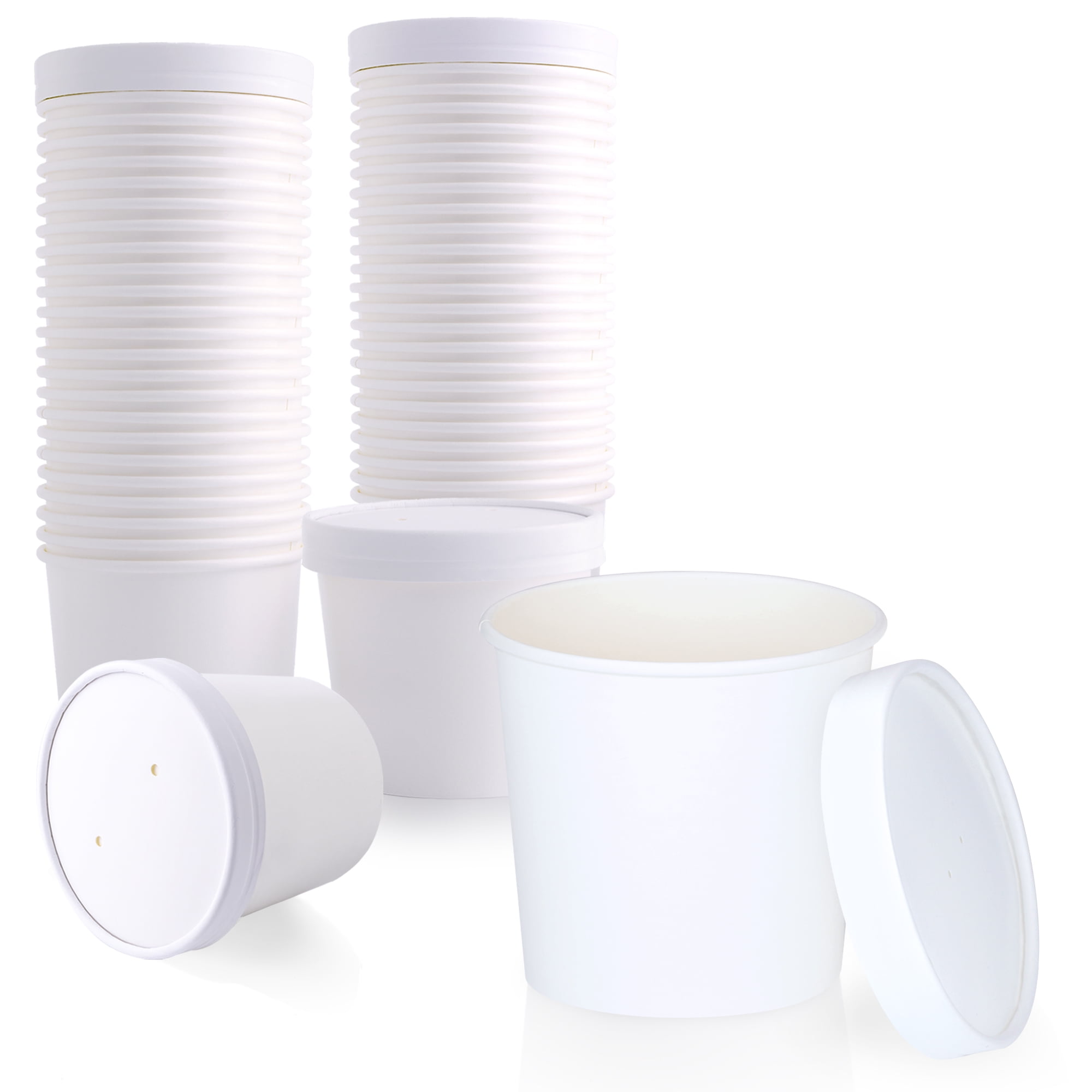 [50 Pack] 16 oz White Paper Food Cup with Vented Lid - Disposable Kraft ...