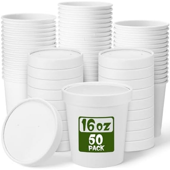 50 Pack 16oz Paper Soup Containers with Lids, Disposable Kraft Paper ...