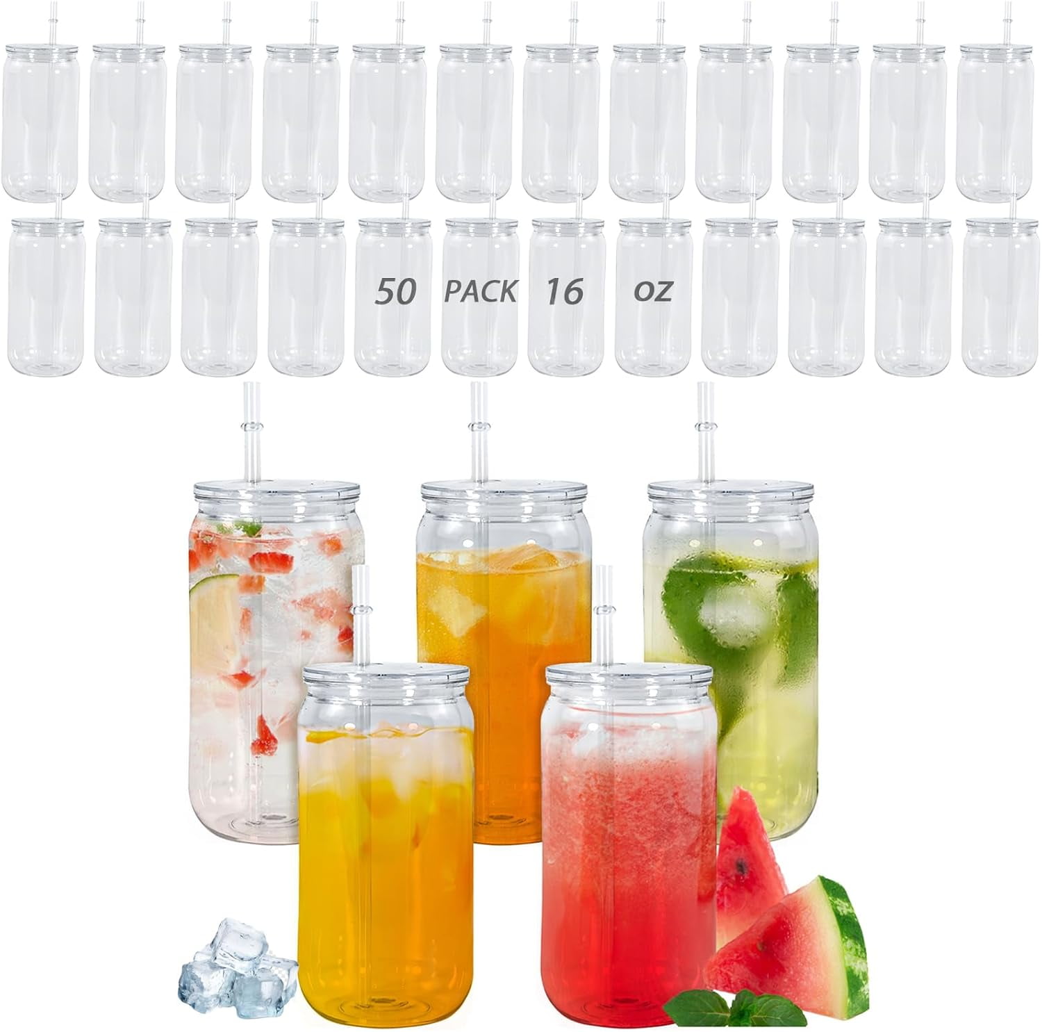 50 Pack 16oz Plastic Drinking Mason Jar Cups, Clear Reusable Plastic ...