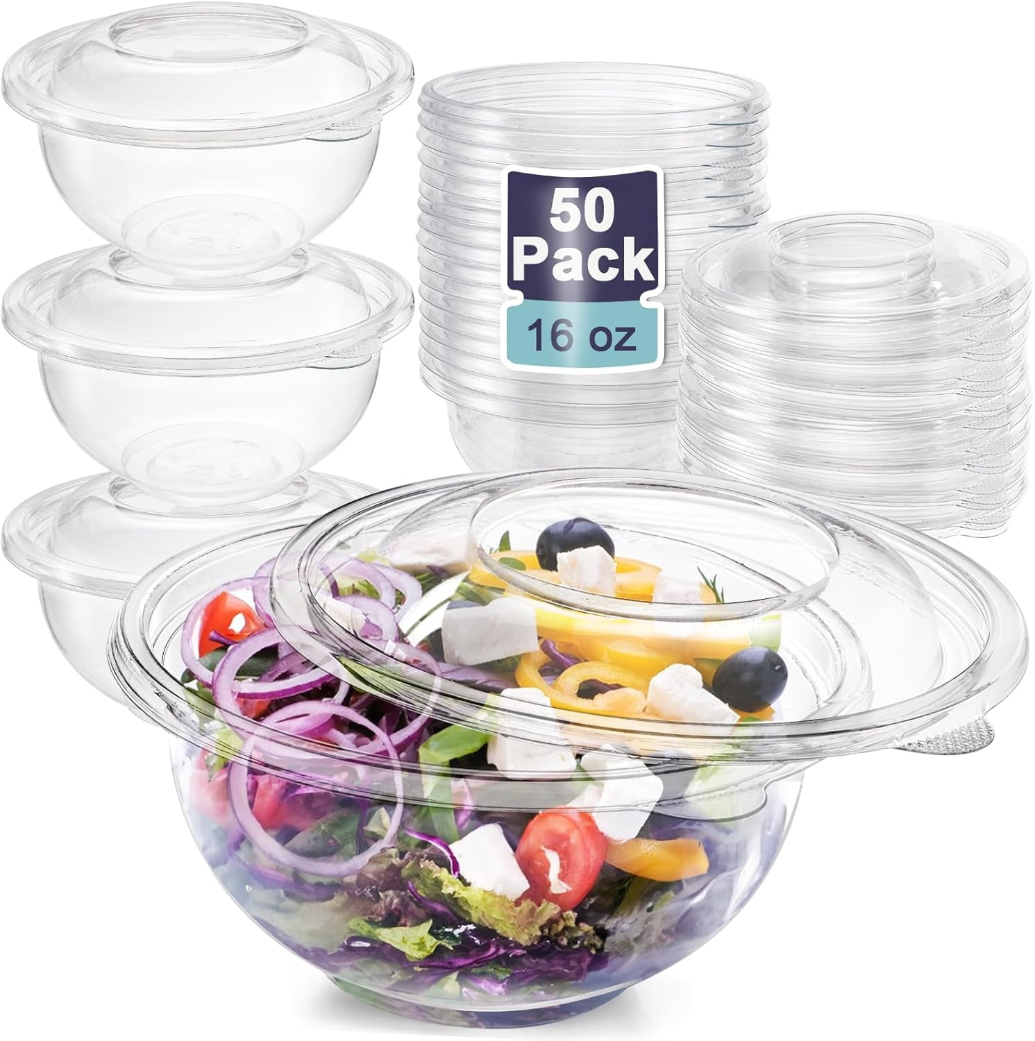 50 Pack 16oz Plastic Salad Bowls with Lids, Small Clear Disposable ...