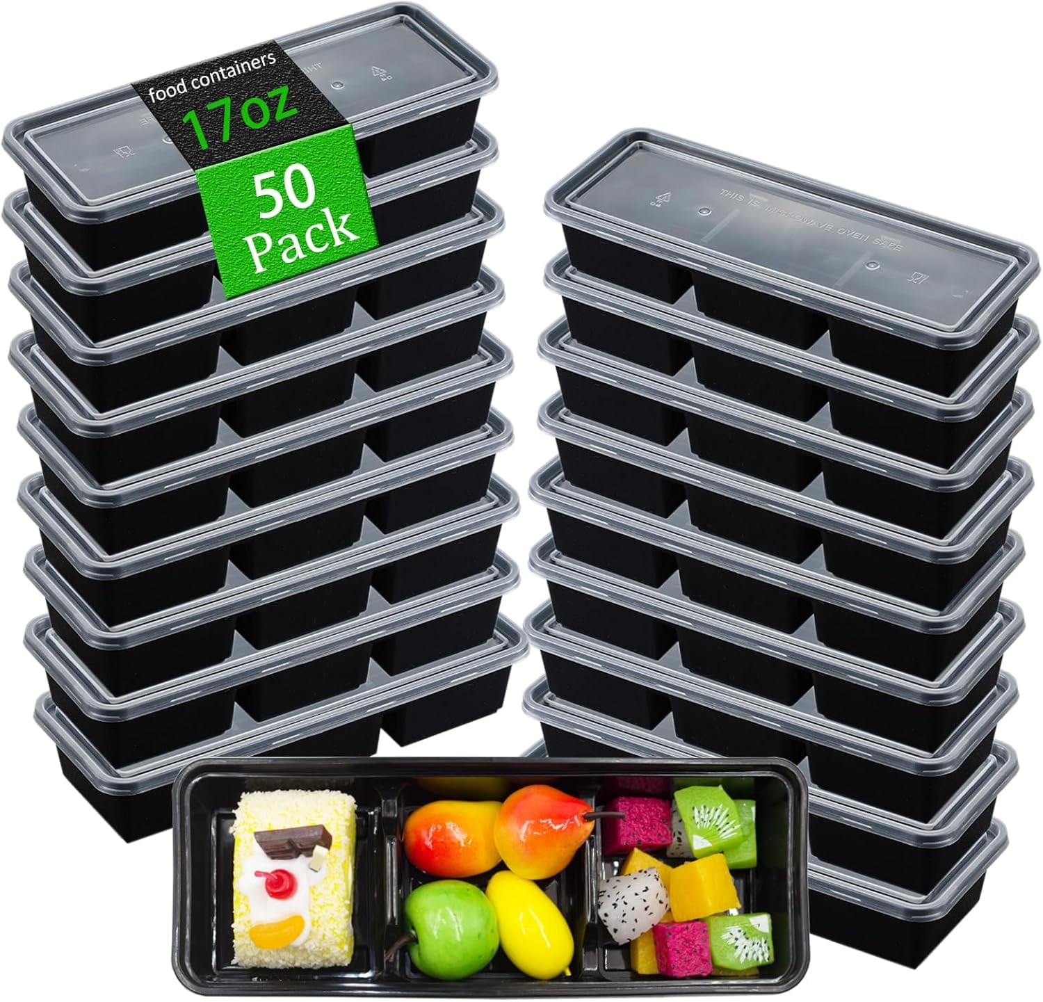 50 Pack 17 Oz Meal Prep Containers with 3 Compartments with lids ...
