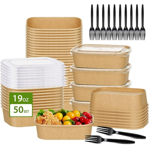 50-Pack 19oz Disposable Kraft Paper Bowls with Lids and Forks ...