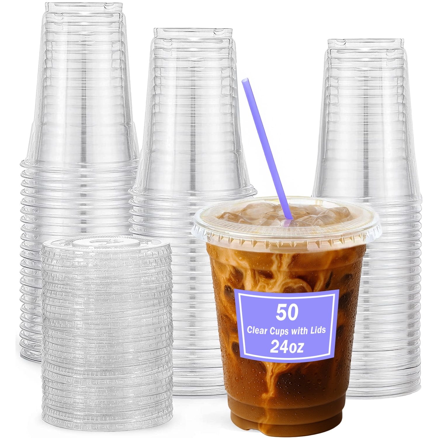 50 Sets - 24 oz Single Use Plastic Cups With Lids, Clear Disposable To ...