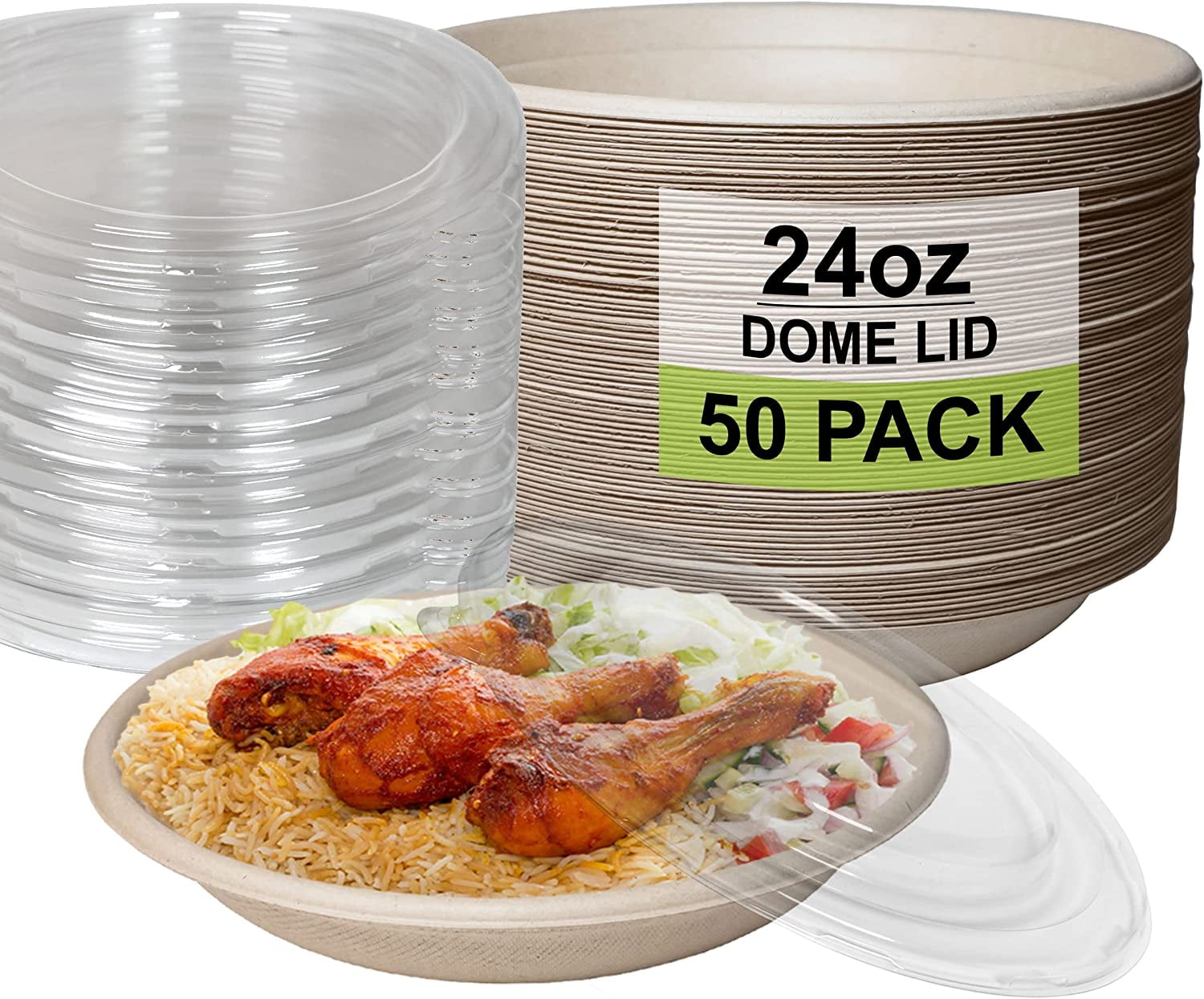 [50 Pack] 24 oz Round Disposable Compostable Paper Bowls with Dome Lids ...