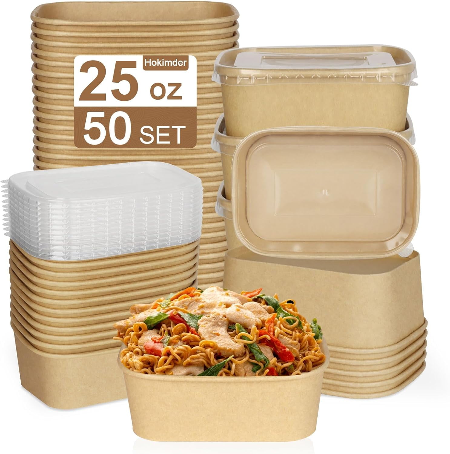 50 Pack 25oz Compostable Take Out Paper Food Cardboard Containers with ...