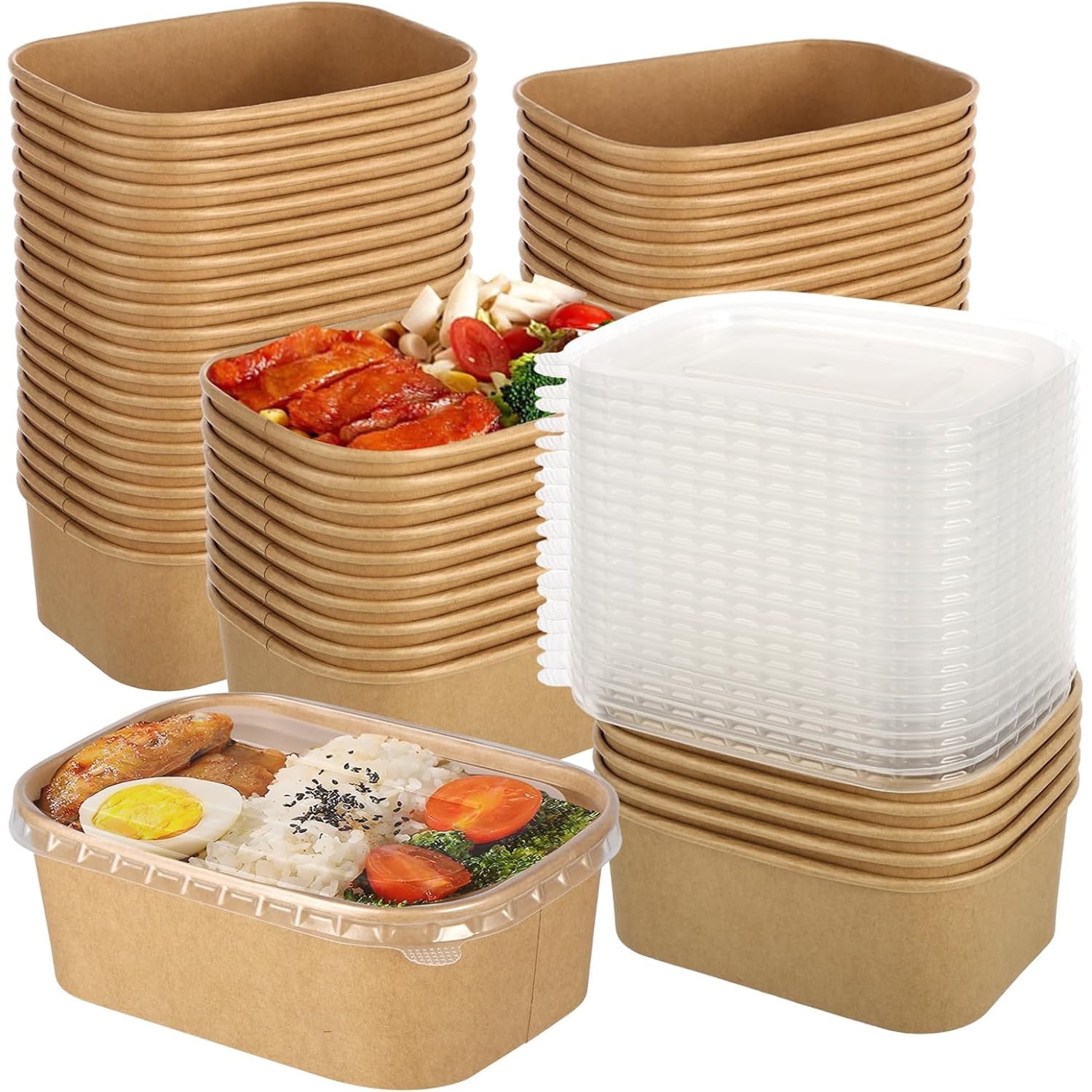 50-Pack 29oz/850ml Disposable Kraft Paper Bowles Rectangle Leak-proof Food Containers Treat Soup ...