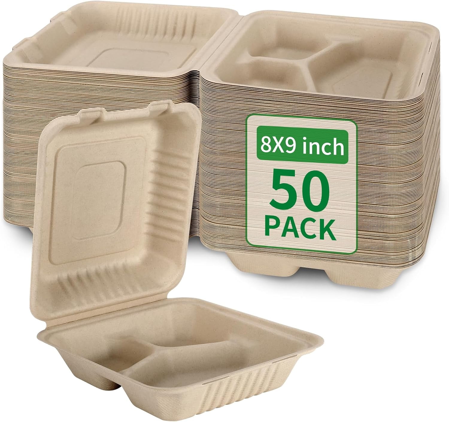 50 Pack 3 Compartment Compostable 8x9 Inch Takeout Lunch Box Containers ...