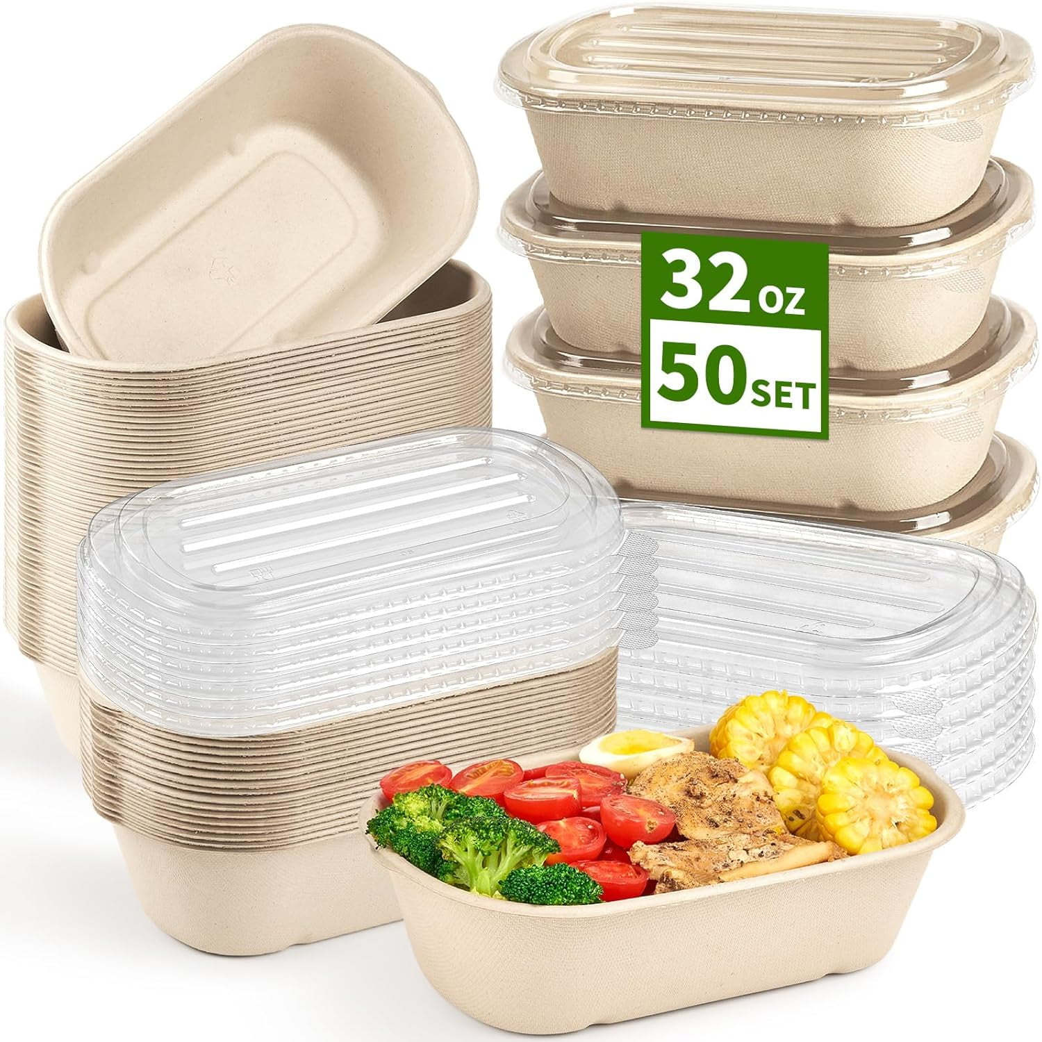 50 Pack 32 Oz Disposable Paper Bowls with Lids for Salad, Burrito ...