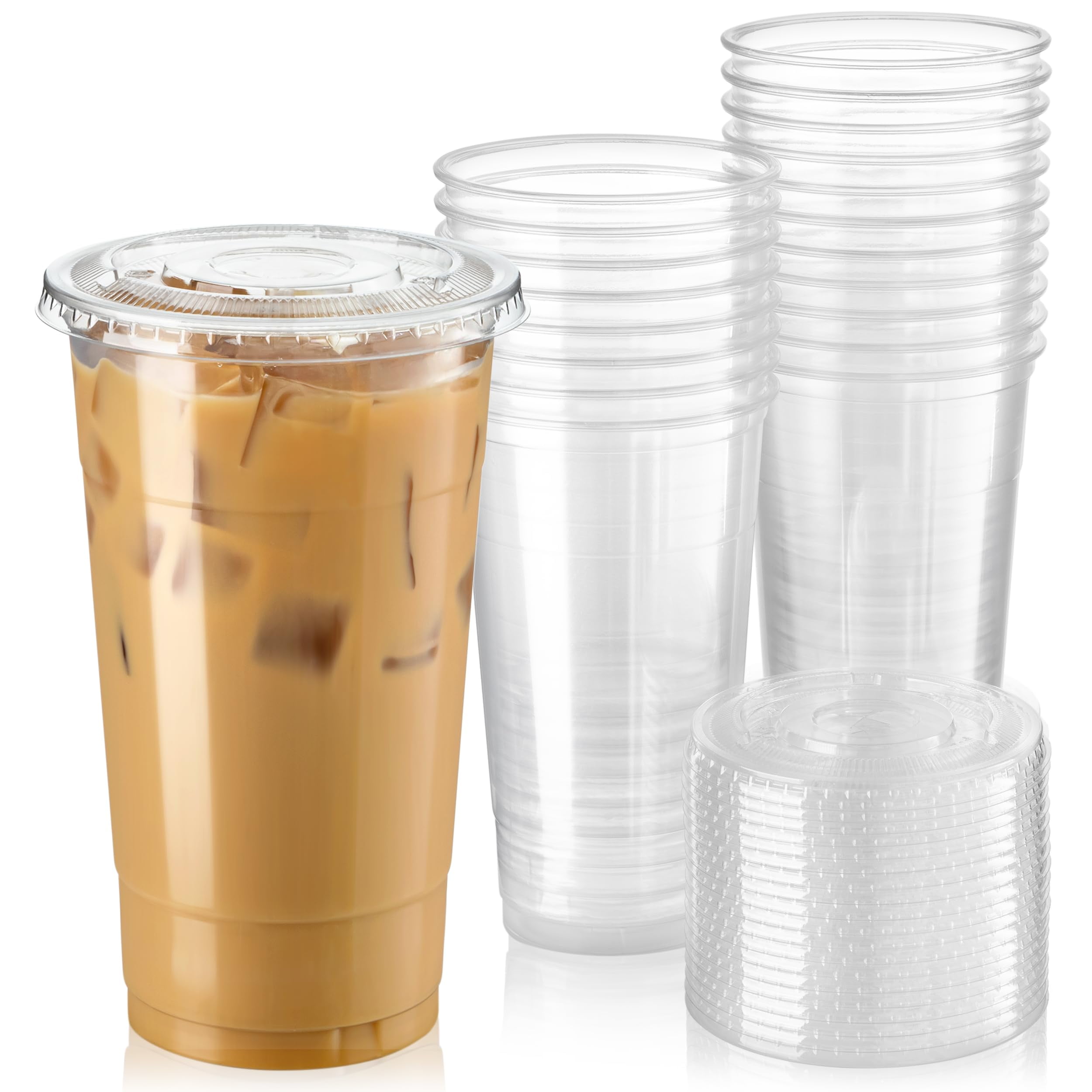 50 Pack 32 oz Clear Plastic Cups with Flat Lids, BPA Free Disposable ...