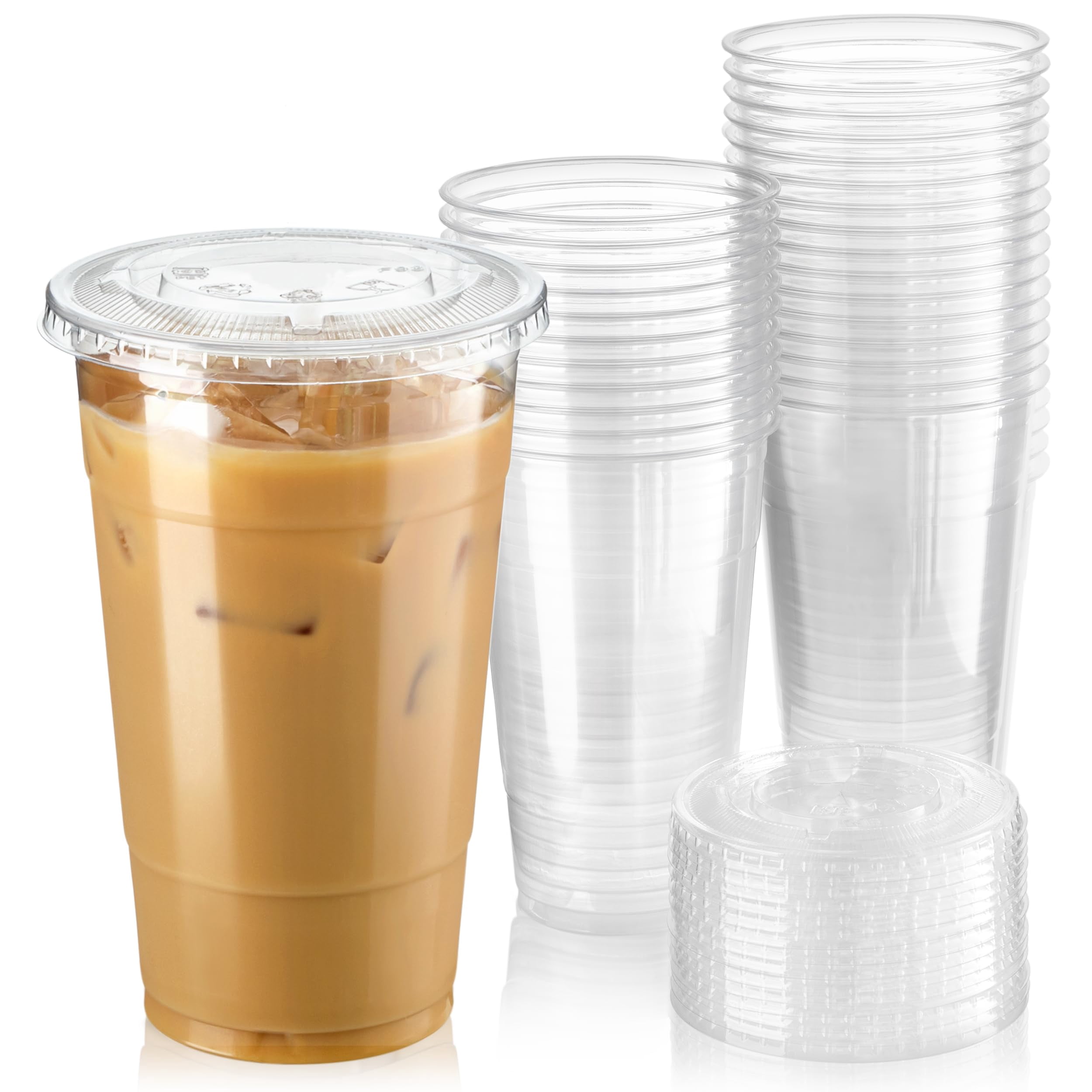 50 Pack 32 oz Clear Plastic Cups with Flat Lids, BPA Free Disposable ...