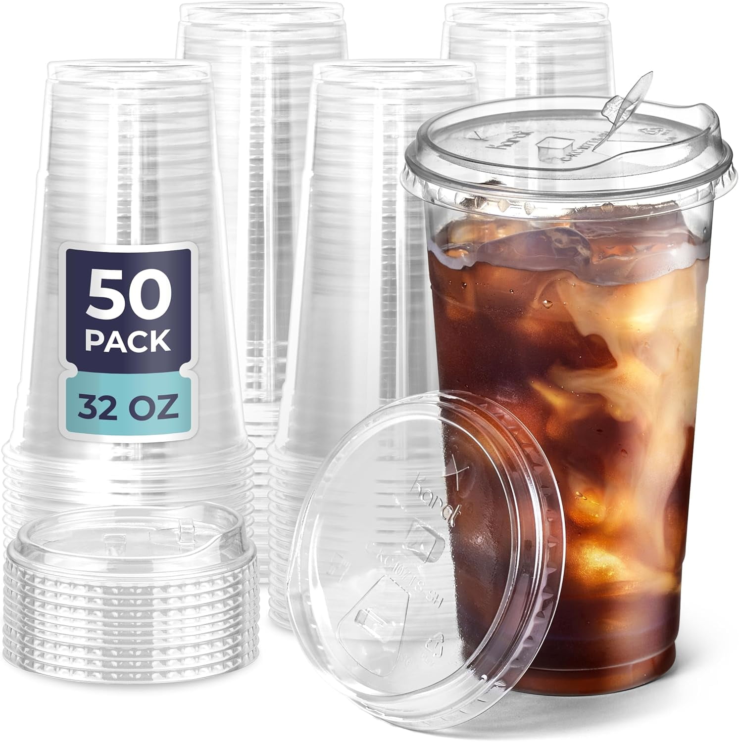 50 Pack 32 oz Clear Plastic Cups with Strawless Sip Lids Disposable ...