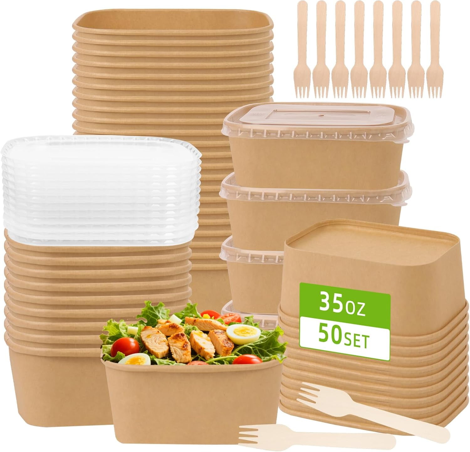 50 Pack 35 oz Paper Food Containers with Lids, Meal Prep Containers ...