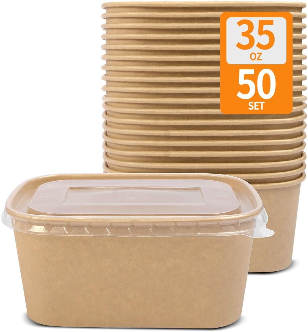 50 Pack 35 oz Paper Food Containers with Lids, Paper Meal Prep ...