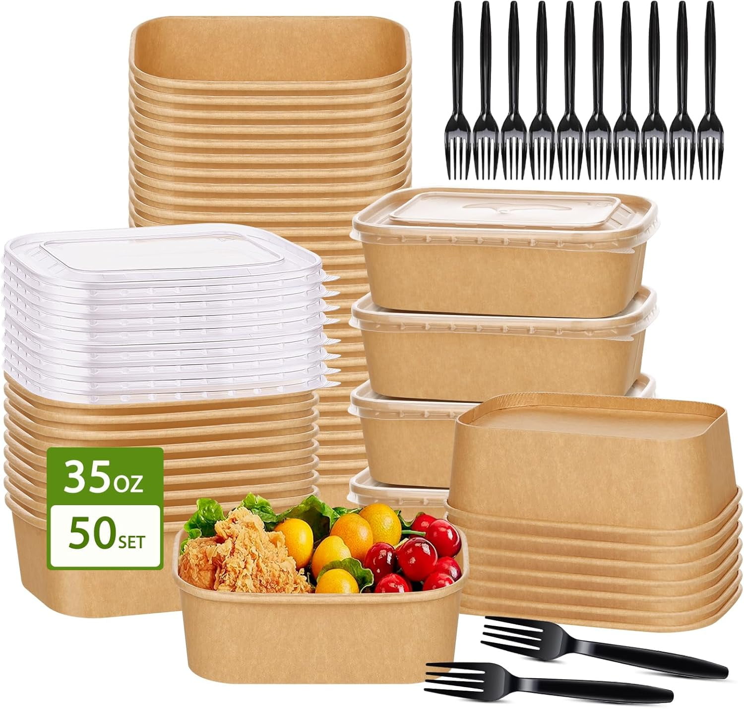 50-Pack 35oz Disposable Kraft Paper Bowls with Lids and Forks, Large ...