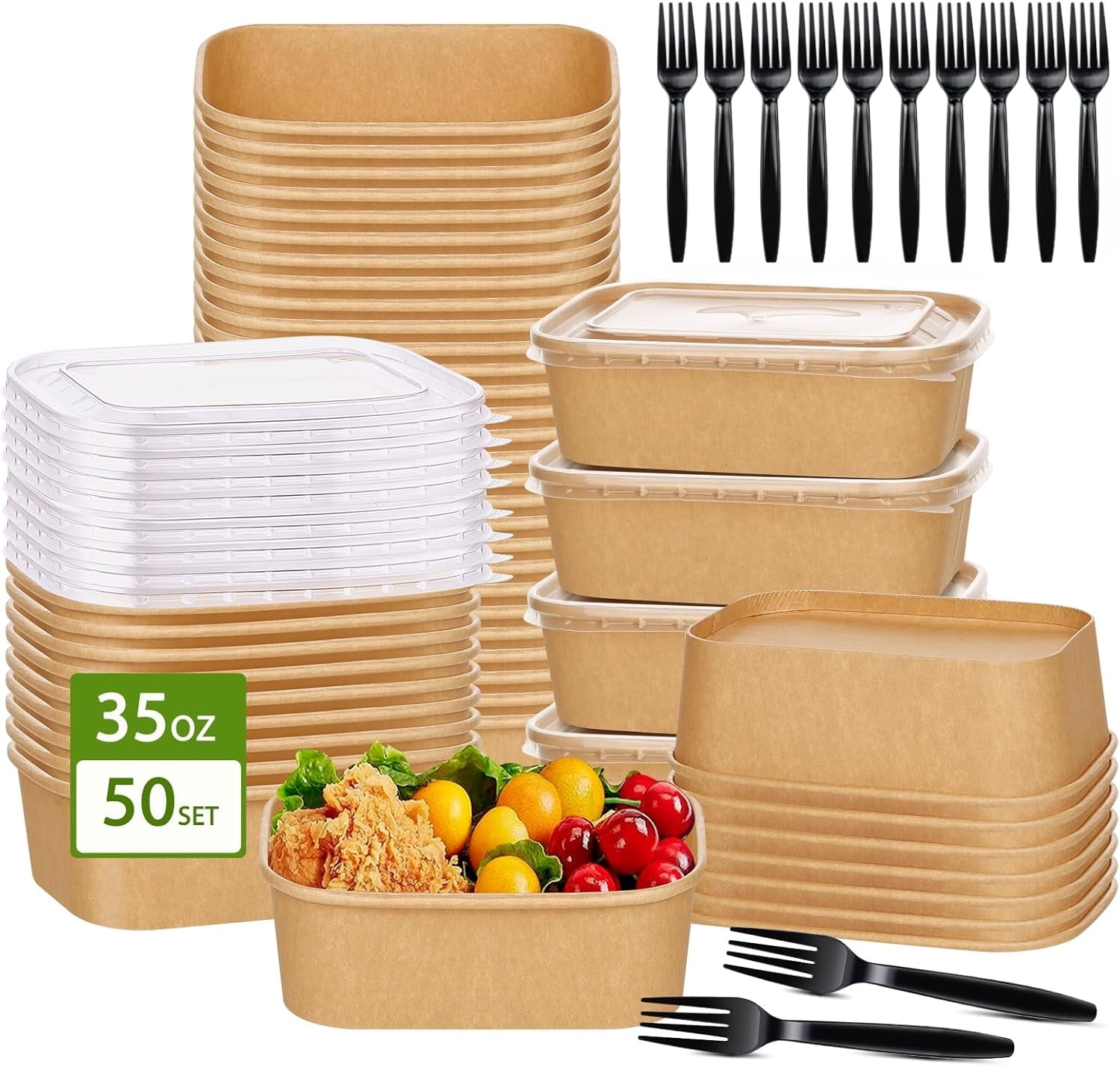 50-Pack 35oz Disposable Kraft Paper Bowls【with Lids and Forks】, Large ...