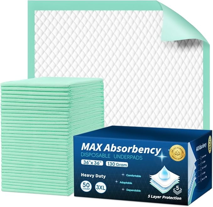 50 Pack 36 x 36 Max Absorbency Disposable Bed Pads for Adults 130 Gram ...
