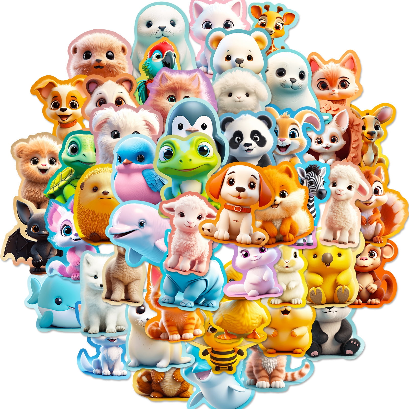 50-Pack 3D Animal Stickers - Cute Cartoon Animal Stickers for Kids ...