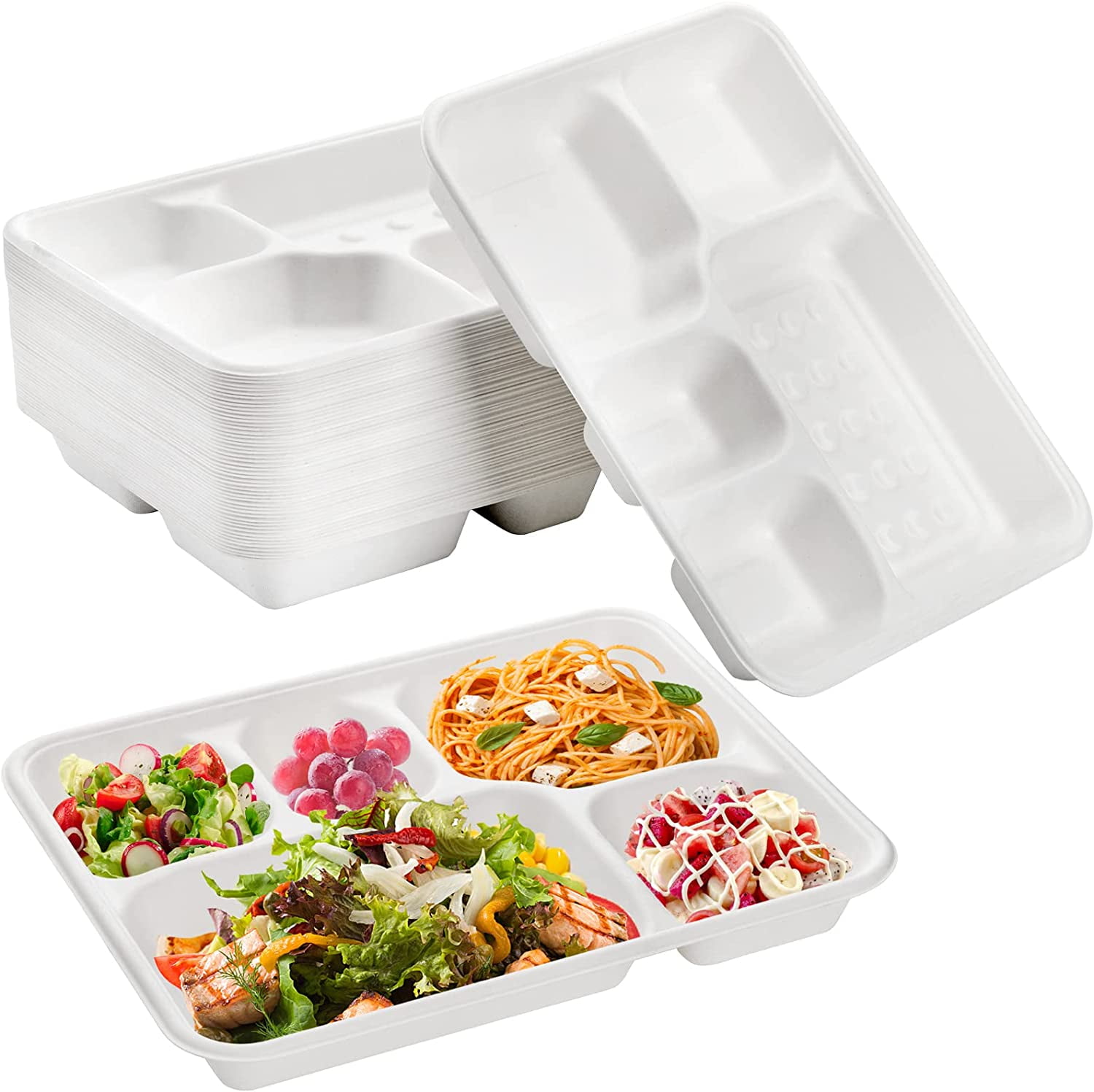 50 Pack 5-Compartment Compostable Paper Plates, Natural Disposable ...