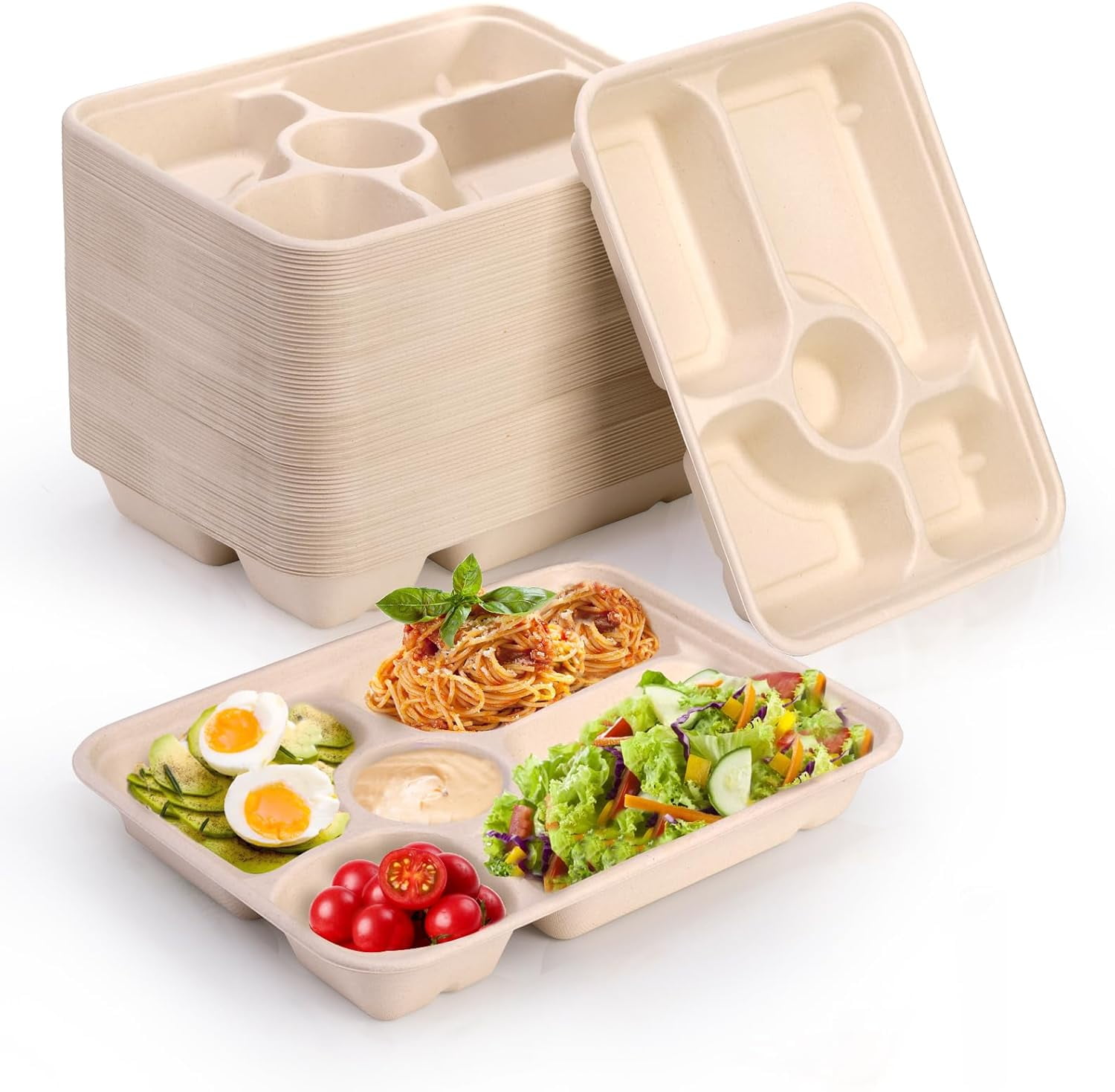 50 Pack 5 Compartment Disposable Paper Plates, 11" x 8" Compostable ...