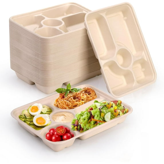 50 Pack 5 Compartment Disposable Paper Plates, 11" x 8" Compostable ...