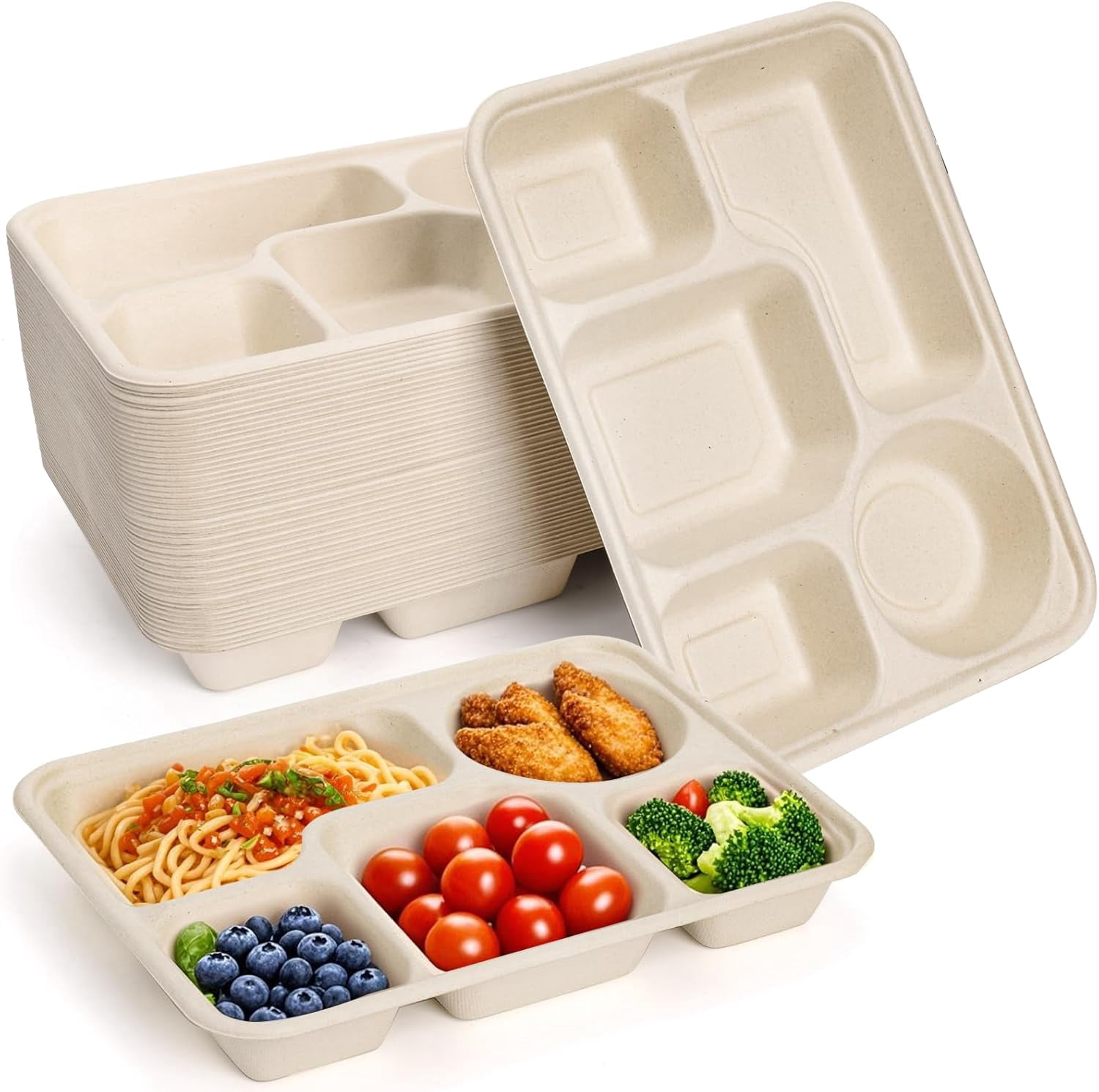 50 Pack 5 Compartment Paper Plates Disposable, 11" x 8" Plate School ...