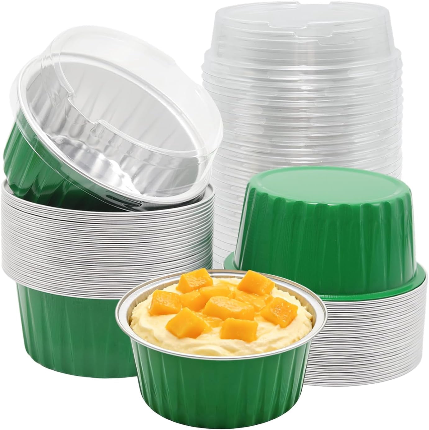 50 Pack 5oz Mini Cake Pans with Lids, Round Disposable Ramekins Brownie ...