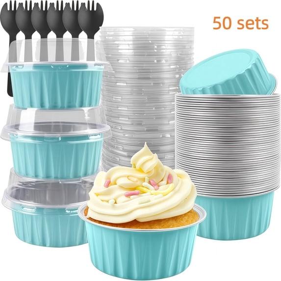 50-Pack 5oz Round Disposable Aluminum Foil Baking Cups, Mini Cake Pans ...