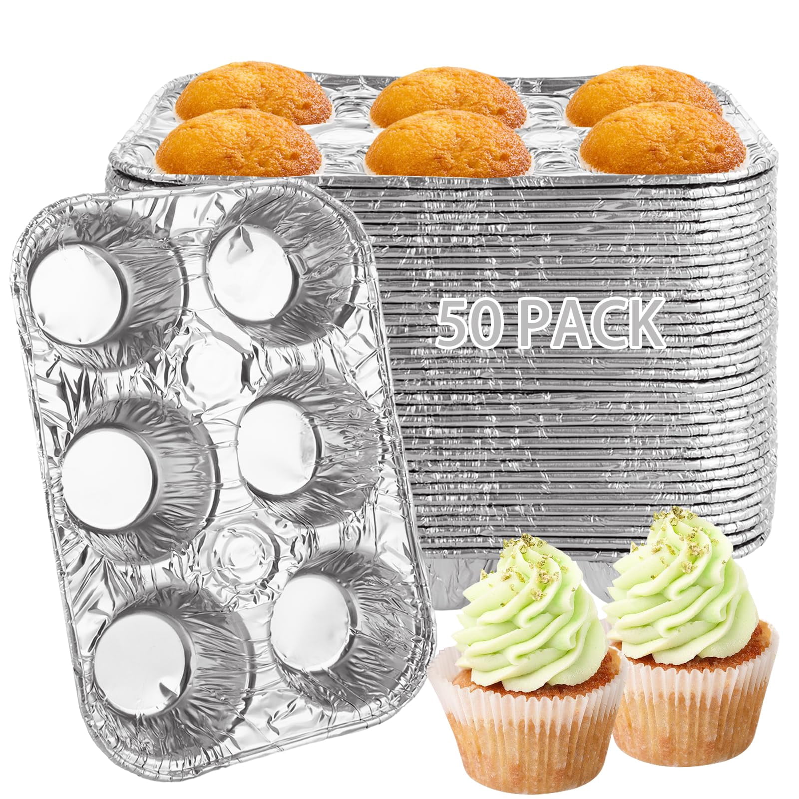 50 Pack 6-Cup Aluminum Disposable Muffin Pans Standard Size Baking Tins ...