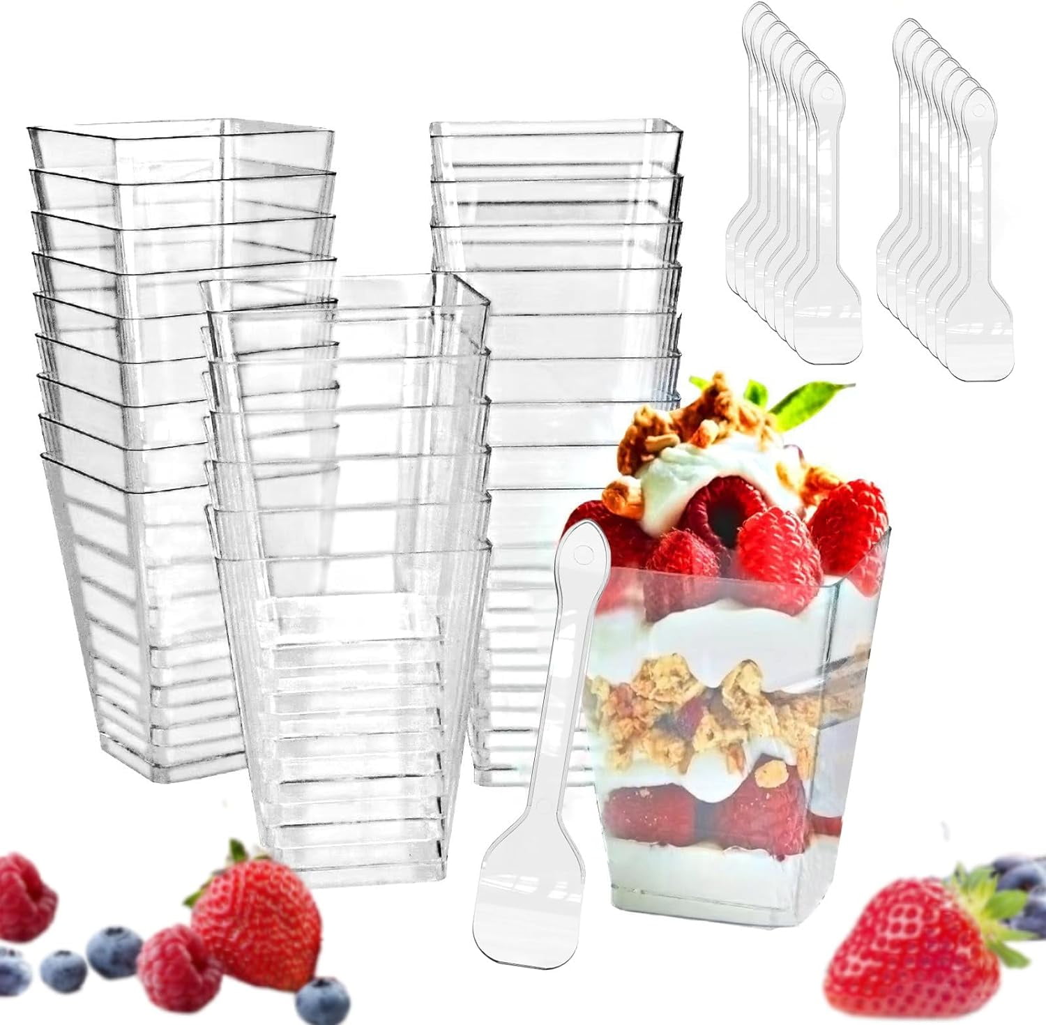 50 Pack 7 oz Square Clear Plastic Dessert Cups with 50 Spoons Clear ...