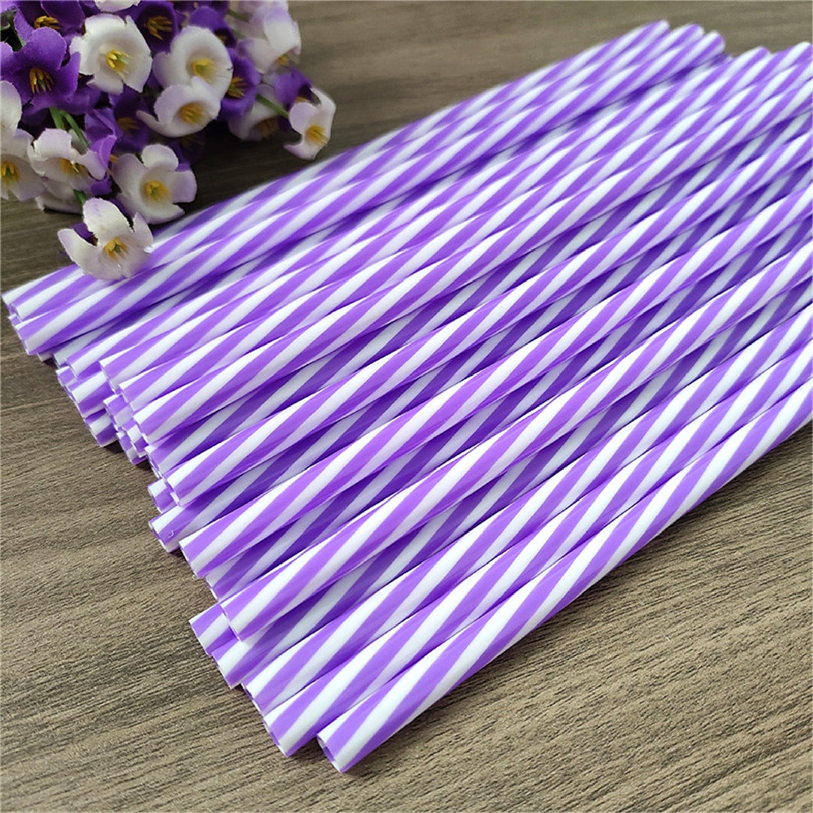 50-Pack 8-Inch Plastic Drinking Straws - Multi-Colored Striped Reusable ...