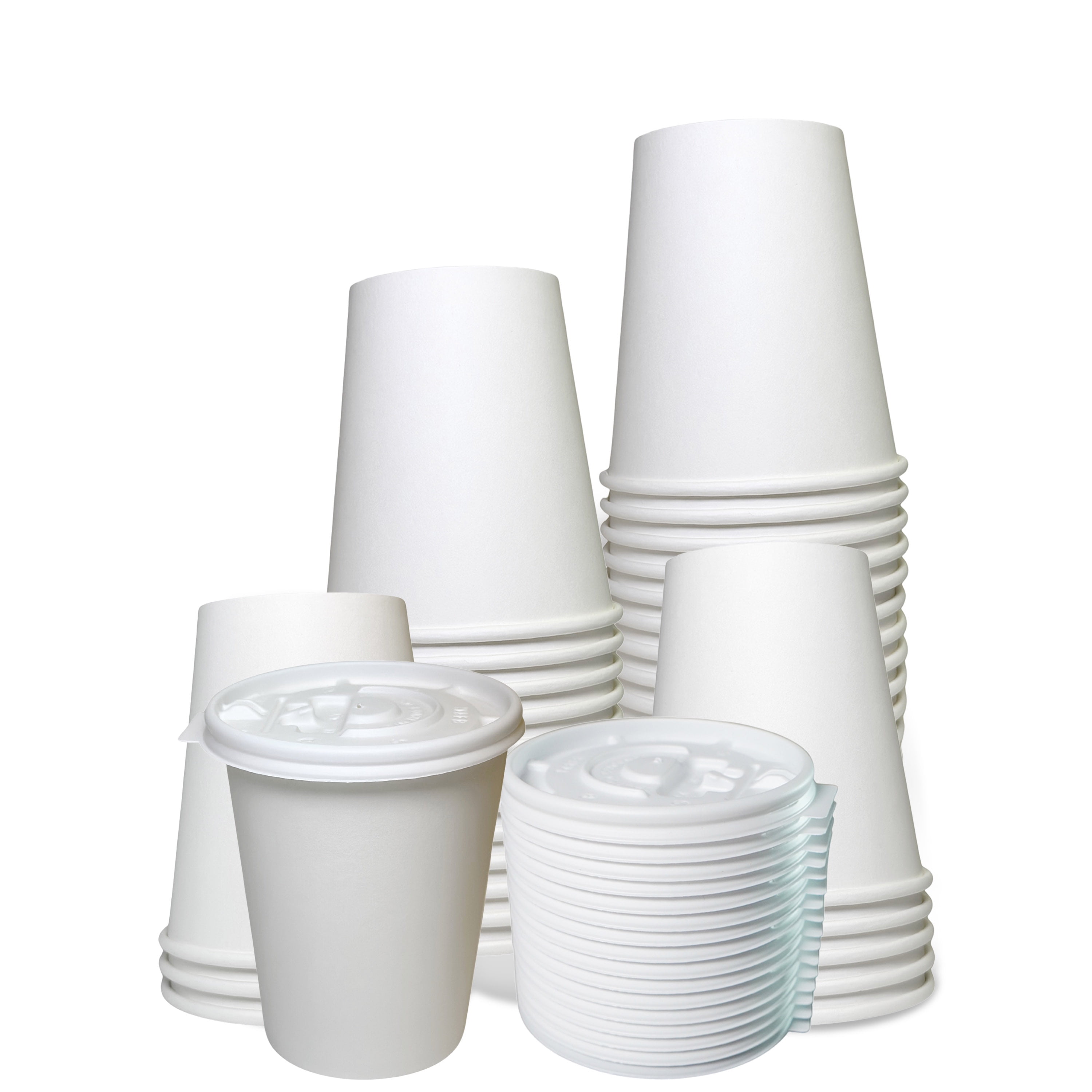 [50 Pack] 8oz Durable Disposable White Paper Cups & White Flat Lids For ...