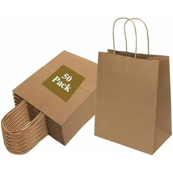 50 Pack 8x4.75x10 Inch Medium Brown Paper Bags with Handles Bulk, Kraft ...