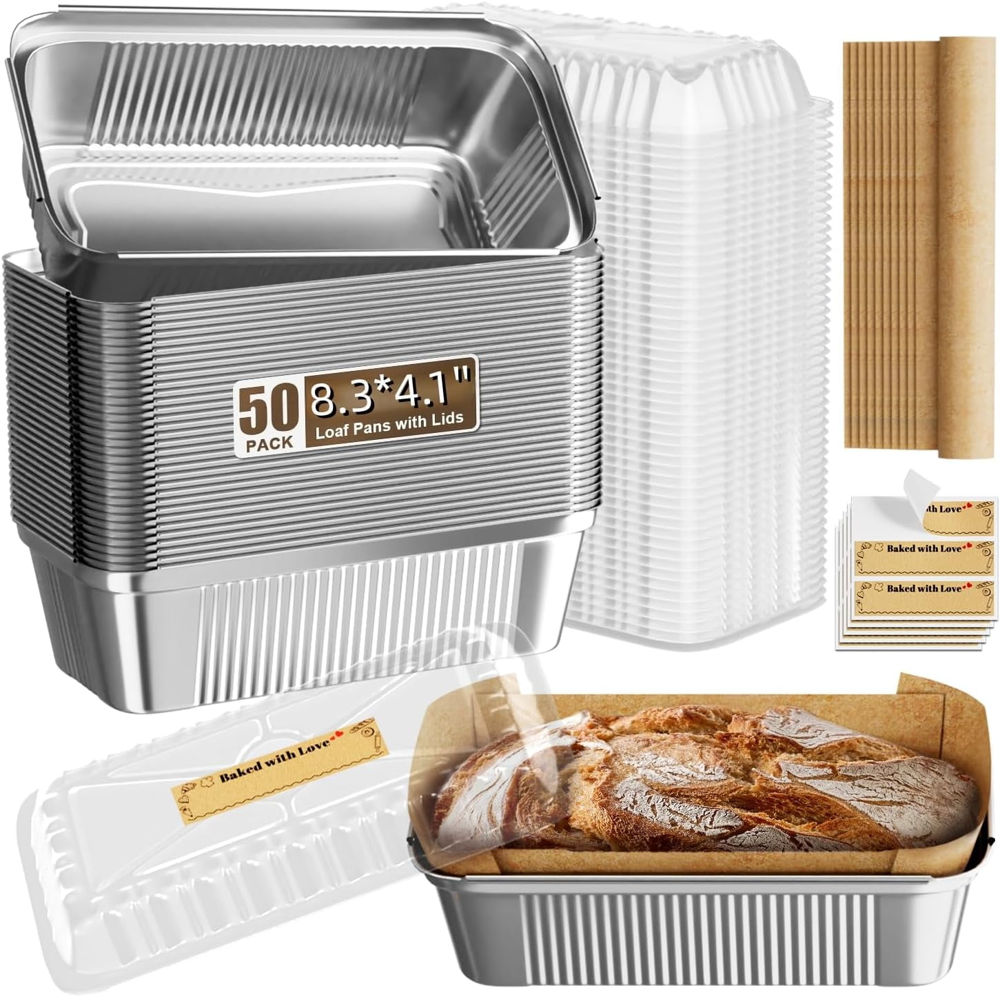 50 Pack Aluminum Loaf Pans with Lids Stickers and Parchment Paper ...