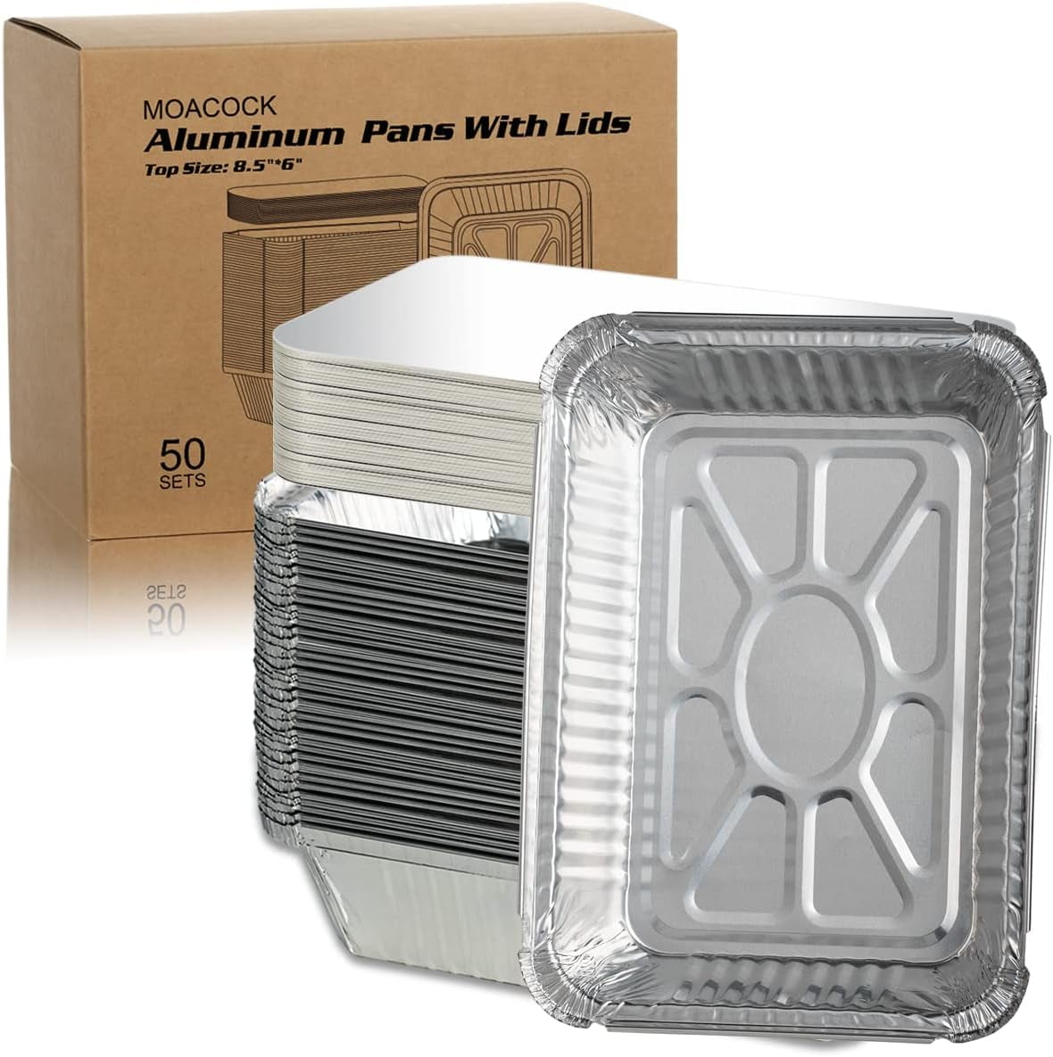 50 Pack Aluminum Pans with Lids(8.5"×6"), 2.25lb Foil Pans with Board ...