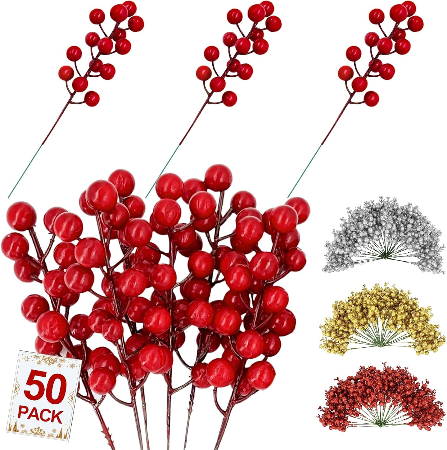 50 Pack Artificial Berry Stems Christmas Decorations, 8.3" Christmas ...