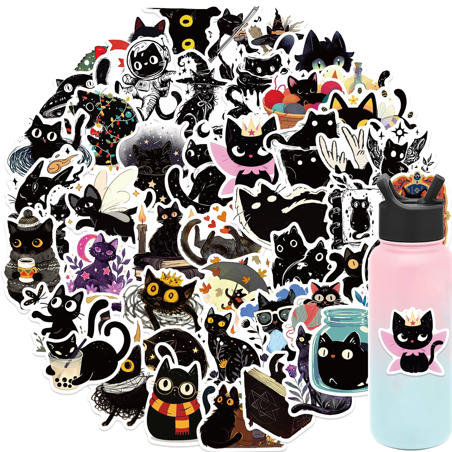 50-Pack Black Cat Stickers - Waterproof DIY Decorations for Phones ...