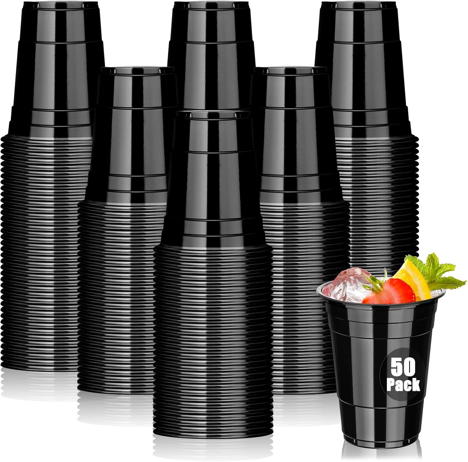 50 Pack Black Plastic Cups 16 oz, Disposable Cups for Party, Heavy Duty ...