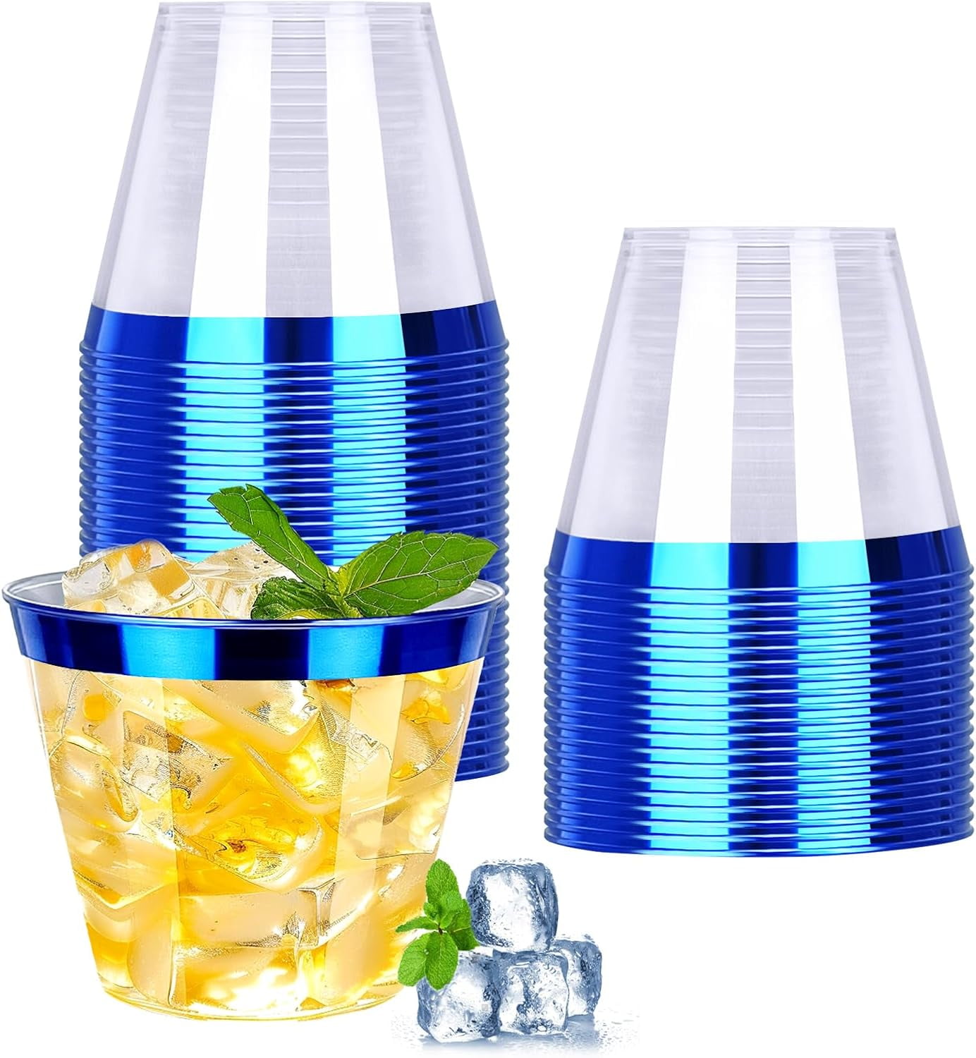 50 Pack Blue Rimmed Plastic Cups,9 Ounce Premium Blue Plastic Cups ...