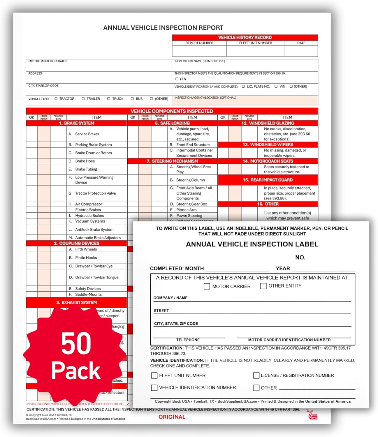 50 Pack Buck 3-Ply Carbonless Annual Vehicle Inspection Report Forms ...