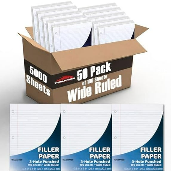 50 Pack Bulk Binder Paper Wide Ruled, 3 Hole Punched Loose Leaf Binder ...