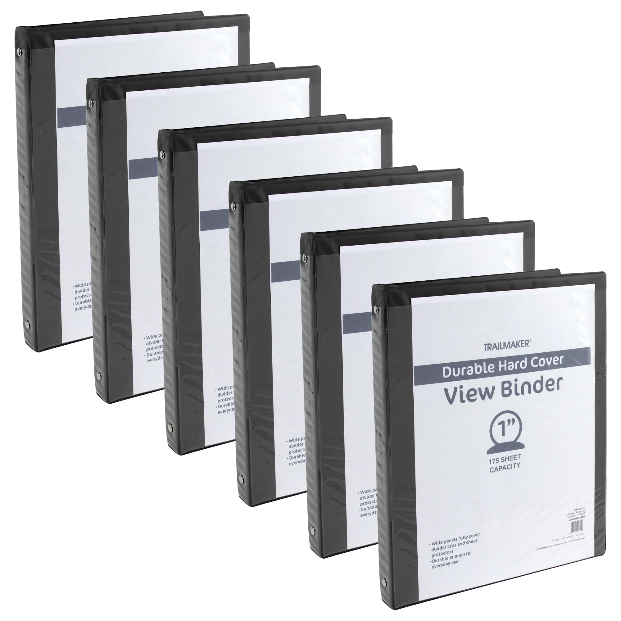 Trail Maker 50-Pack 1-Inch 3-Ring Binders, Black, Clear Covers, Bulk ...