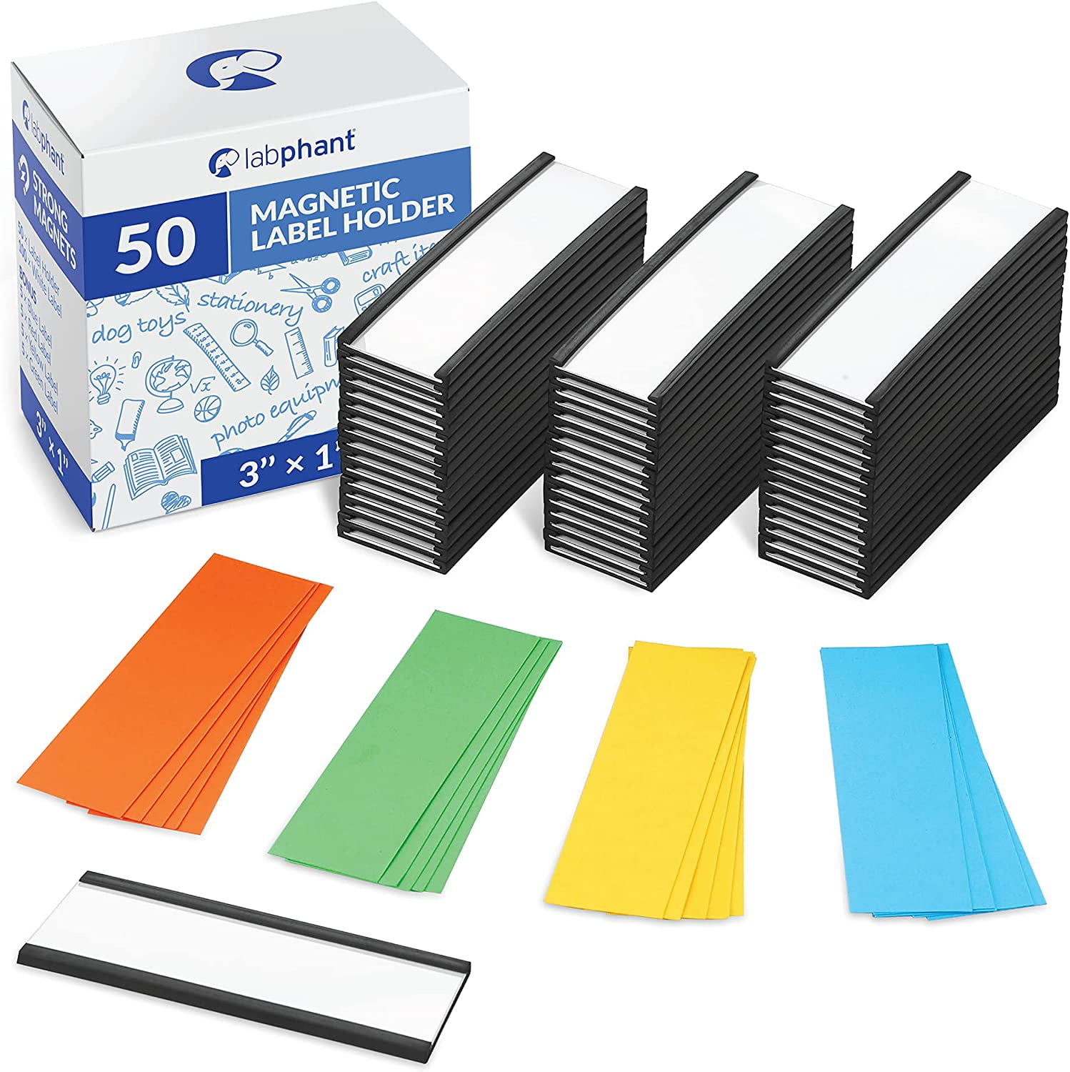 50 Pack "C" Channel Magnetic Label Holders 1x3 with 100 White Card ...