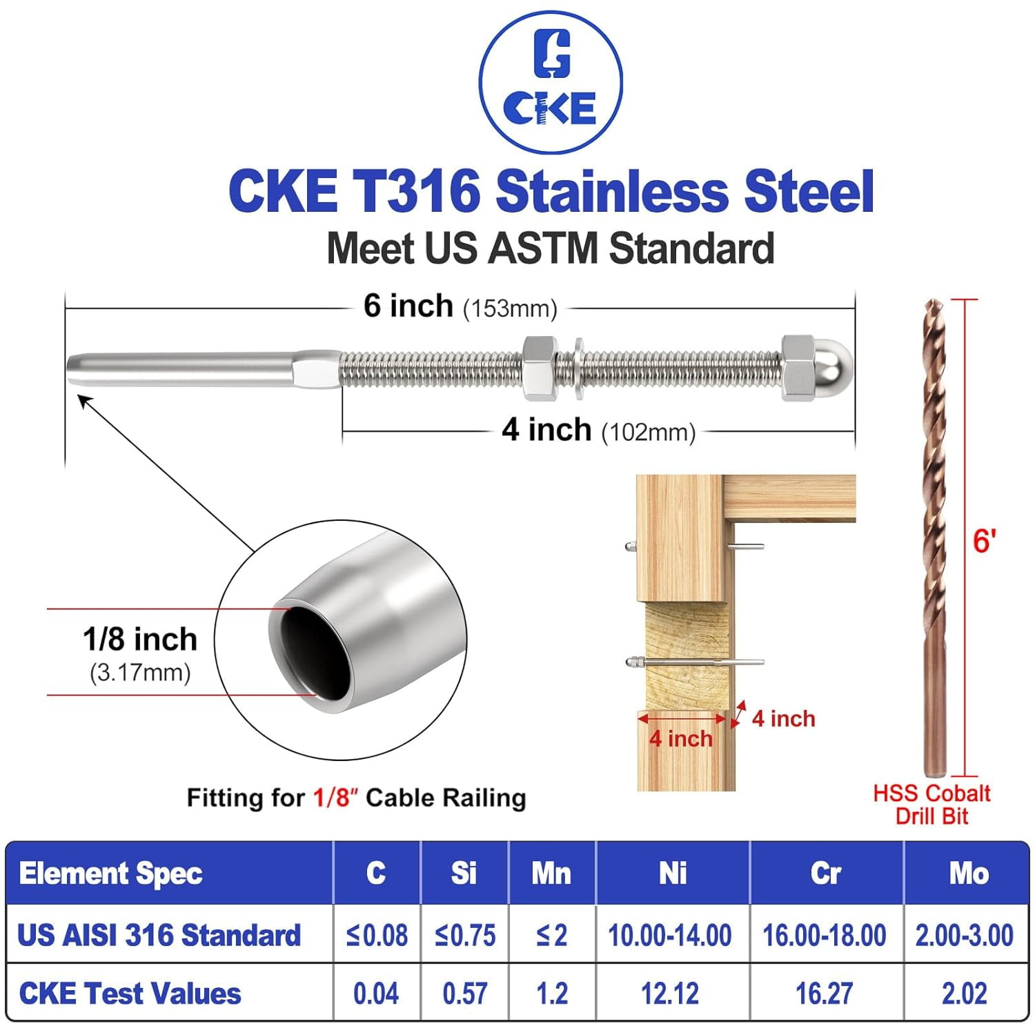 50 Pack Cable Railing Kit, 4x4 Swage Threaded Stud Tension End Fitting ...