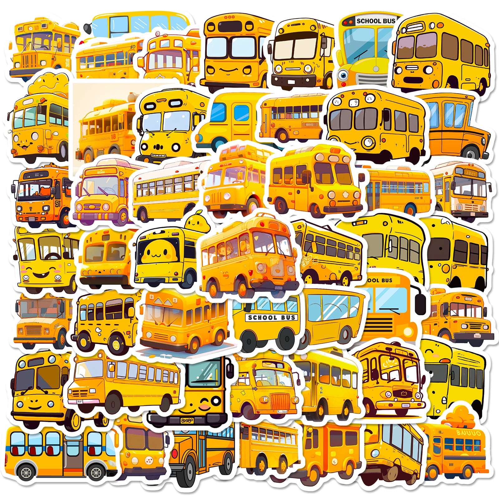 50 Pack Cartoon School Bus Stickers - Creative Cute Yellow Bus Doodles ...