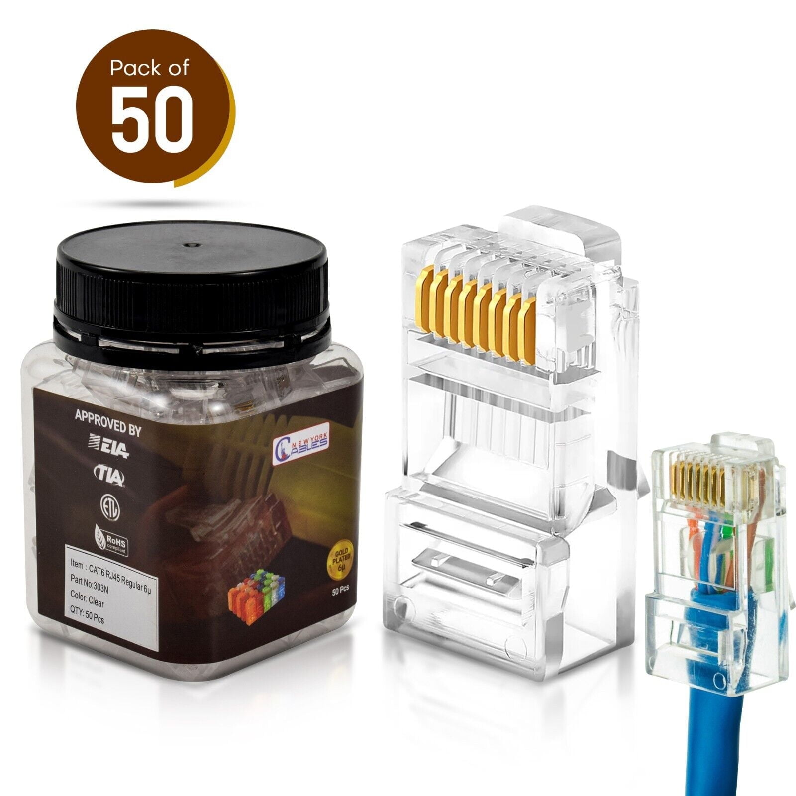 50 Pack Cat6 RJ45 Connector LAN UTP Ethernet Network Cable End 8P8C ...